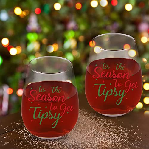 This the Season to Get Tipsy Christmas Stemless Wine Glass, Set of 4 Christmas Wine Glasses, Gift ideas for Christmas Holiday Wedding, Funny Wine Glasses for Women Friends Men family Wino, 15 Oz