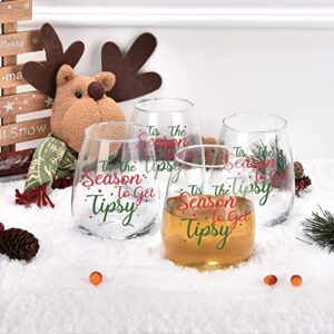 This the Season to Get Tipsy Christmas Stemless Wine Glass, Set of 4 Christmas Wine Glasses, Gift ideas for Christmas Holiday Wedding, Funny Wine Glasses for Women Friends Men family Wino, 15 Oz