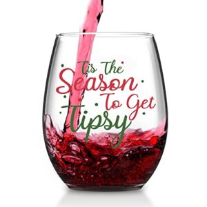 This the Season to Get Tipsy Christmas Stemless Wine Glass, Set of 4 Christmas Wine Glasses, Gift ideas for Christmas Holiday Wedding, Funny Wine Glasses for Women Friends Men family Wino, 15 Oz