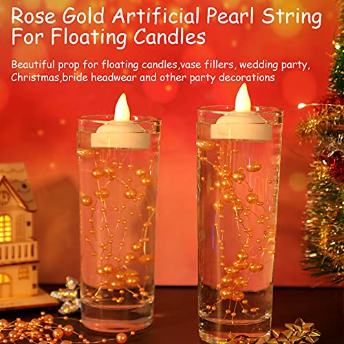 Nuanchu 50 Pieces Artificial Pearl String for Floating Candles 6 Inch Pearl String Vase Fillers Floating Candles Centerpiece for Valentine's Day Wedding Dinning Table Party (Rose Gold)