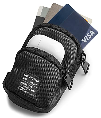 Ringke Mini Pouch [Two Pocket] Nylon Carrying Pouch Small Bag for AirPods, Galaxy Buds, Earphones, Cards, ID - Black