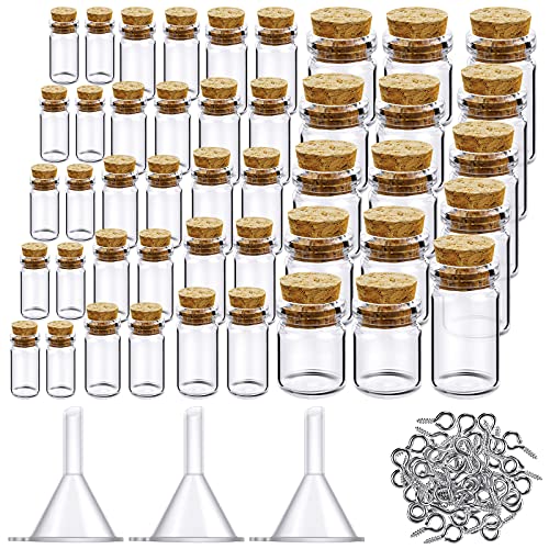 Sherli 45 Pieces Mini Glass Bottles with 50 Pieces Eye Screws and 3 Pieces Funnels Clear Small Wishing Jars with Cork Stoppers Tiny Cork Glass Bottles for DIY Art Crafts Party Home Decoration, 5 Sizes