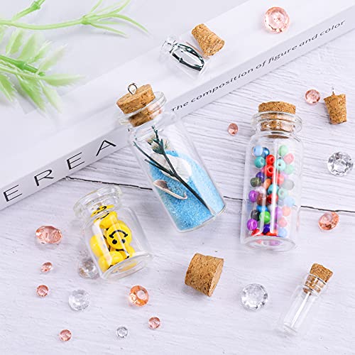 Sherli 45 Pieces Mini Glass Bottles with 50 Pieces Eye Screws and 3 Pieces Funnels Clear Small Wishing Jars with Cork Stoppers Tiny Cork Glass Bottles for DIY Art Crafts Party Home Decoration, 5 Sizes