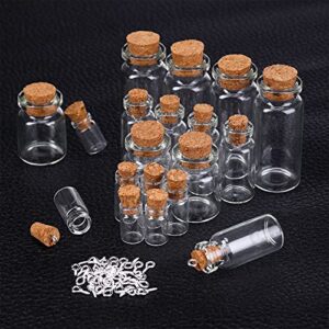 Sherli 45 Pieces Mini Glass Bottles with 50 Pieces Eye Screws and 3 Pieces Funnels Clear Small Wishing Jars with Cork Stoppers Tiny Cork Glass Bottles for DIY Art Crafts Party Home Decoration, 5 Sizes