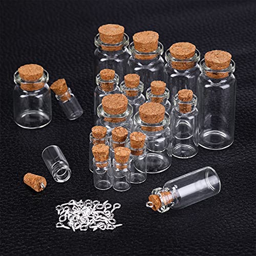 Sherli 45 Pieces Mini Glass Bottles with 50 Pieces Eye Screws and 3 Pieces Funnels Clear Small Wishing Jars with Cork Stoppers Tiny Cork Glass Bottles for DIY Art Crafts Party Home Decoration, 5 Sizes