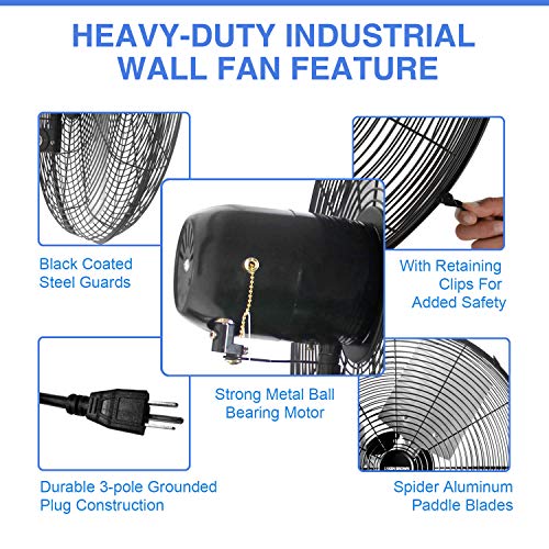 KEN BROWN 20 Inch Industrial Oscillating Wall Mount Fan 5500CFM,Heavy Duty,High Velocity,3- Speed,Black