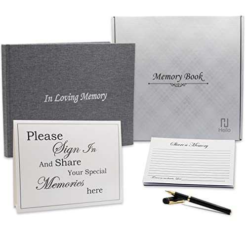 Funeral Guest Book for Memorial Service - Grey Linen Celebration of Life Hardcover with Memory Cards, Table Display Sign, and a Premium Black Pen - Complete Set