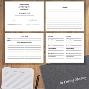 Funeral Guest Book for Memorial Service - Grey Linen Celebration of Life Hardcover with Memory Cards, Table Display Sign, and a Premium Black Pen - Complete Set