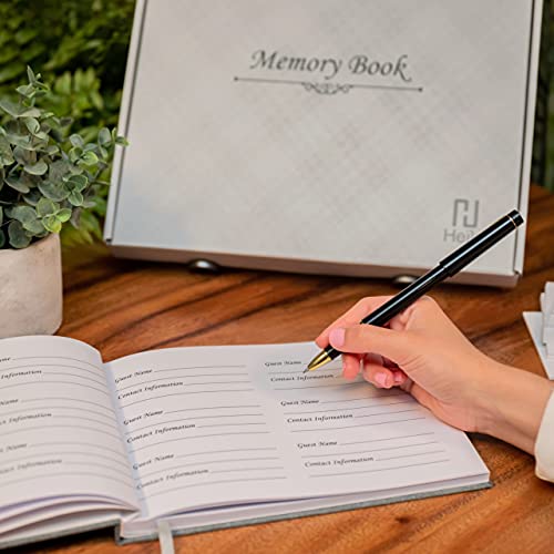 Funeral Guest Book for Memorial Service - Grey Linen Celebration of Life Hardcover with Memory Cards, Table Display Sign, and a Premium Black Pen - Complete Set