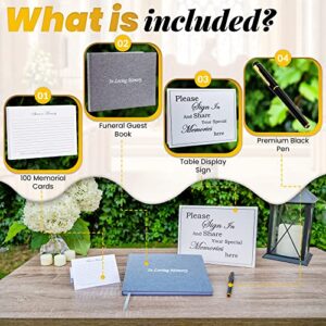 Funeral Guest Book for Memorial Service - Grey Linen Celebration of Life Hardcover with Memory Cards, Table Display Sign, and a Premium Black Pen - Complete Set