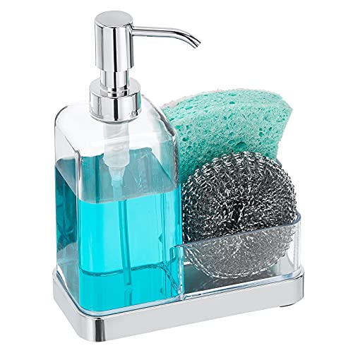 mDesign Plastic Kitchen Sink Countertop Hand Soap Dispenser Pump Bottle Caddy Organizer Holder with Storage for Bathroom - Holds Dish Sponge and Brushes - Omni Collection - Clear/Chrome