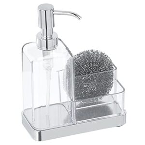 mDesign Plastic Kitchen Sink Countertop Hand Soap Dispenser Pump Bottle Caddy Organizer Holder with Storage for Bathroom - Holds Dish Sponge and Brushes - Omni Collection - Clear/Chrome