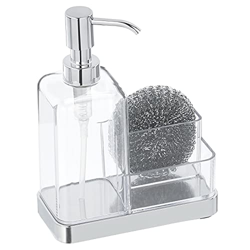 mDesign Plastic Kitchen Sink Countertop Hand Soap Dispenser Pump Bottle Caddy Organizer Holder with Storage for Bathroom - Holds Dish Sponge and Brushes - Omni Collection - Clear/Chrome