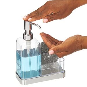 mDesign Plastic Kitchen Sink Countertop Hand Soap Dispenser Pump Bottle Caddy Organizer Holder with Storage for Bathroom - Holds Dish Sponge and Brushes - Omni Collection - Clear/Chrome