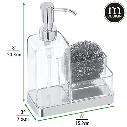 mDesign Plastic Kitchen Sink Countertop Hand Soap Dispenser Pump Bottle Caddy Organizer Holder with Storage for Bathroom - Holds Dish Sponge and Brushes - Omni Collection - Clear/Chrome