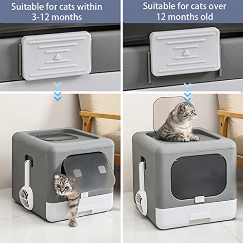 Top Entry Cat Litter Box with Lid,Foldable Litter Box with Cat Plastic Scoop,Extra Large Space,Drawer Structure,Closed Smell Proof Anti-Splashing,Split Type for Easy Cleaning (New Grey)