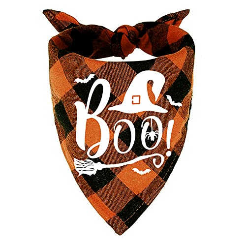 Family Kitchen Boo! with Broom hat Pattern Holiday Halloween Orange Plaid Washable Cotton Bat Pet Dog Bandana for Small Medium Large Pet Dog Cat Halloween Dog Scarf Accessories Gift