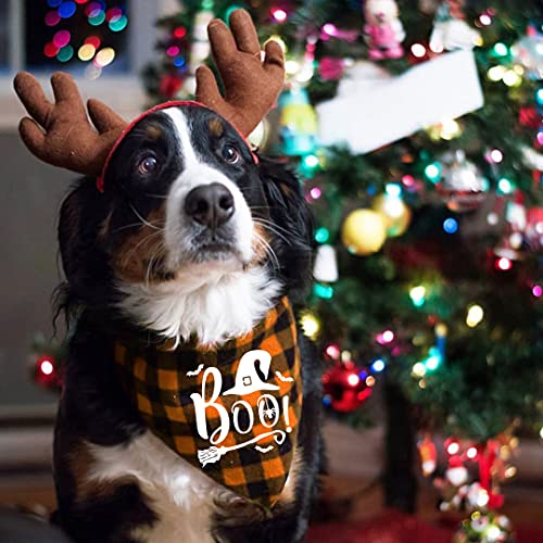 Family Kitchen Boo! with Broom hat Pattern Holiday Halloween Orange Plaid Washable Cotton Bat Pet Dog Bandana for Small Medium Large Pet Dog Cat Halloween Dog Scarf Accessories Gift