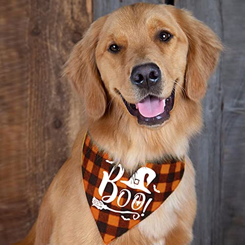 Family Kitchen Boo! with Broom hat Pattern Holiday Halloween Orange Plaid Washable Cotton Bat Pet Dog Bandana for Small Medium Large Pet Dog Cat Halloween Dog Scarf Accessories Gift