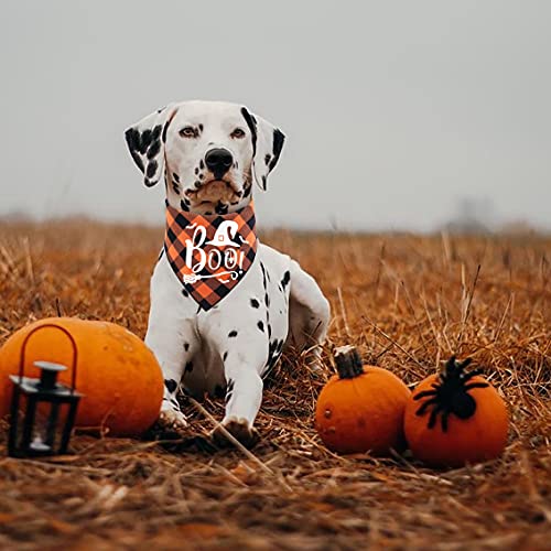 Family Kitchen Boo! with Broom hat Pattern Holiday Halloween Orange Plaid Washable Cotton Bat Pet Dog Bandana for Small Medium Large Pet Dog Cat Halloween Dog Scarf Accessories Gift