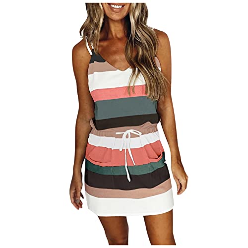 Baralonly Summer Dresses for Women Beach Casual Sleeveless V Neck Tunic Striped Splicing Sling Strap Dress with Drawstring