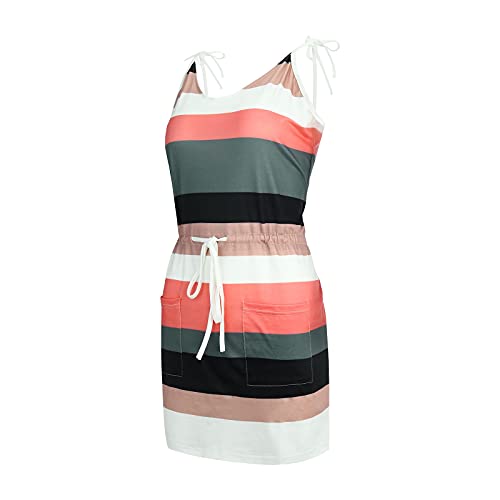 Baralonly Summer Dresses for Women Beach Casual Sleeveless V Neck Tunic Striped Splicing Sling Strap Dress with Drawstring