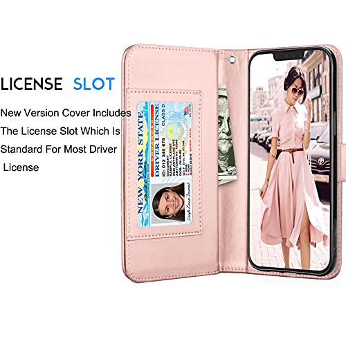 Tekcoo Wallet Case Compatible with iPhone 13 (6.1 inch) 2021 Luxury ID Cash Credit Card Slots Holder Carrying Pouch Folio Flip PU Leather Cover [Detachable Magnetic Hard Case] with Strap [Rose Gold]