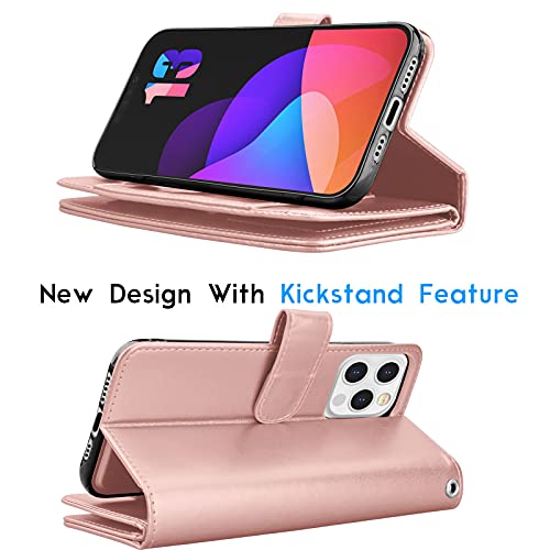 Tekcoo Wallet Case Compatible with iPhone 13 (6.1 inch) 2021 Luxury ID Cash Credit Card Slots Holder Carrying Pouch Folio Flip PU Leather Cover [Detachable Magnetic Hard Case] with Strap [Rose Gold]