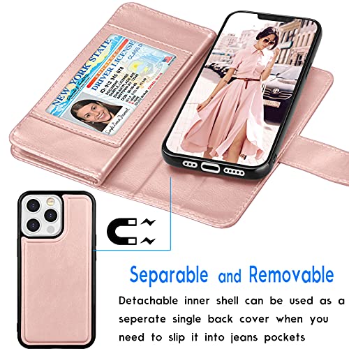 Tekcoo Wallet Case Compatible with iPhone 13 (6.1 inch) 2021 Luxury ID Cash Credit Card Slots Holder Carrying Pouch Folio Flip PU Leather Cover [Detachable Magnetic Hard Case] with Strap [Rose Gold]