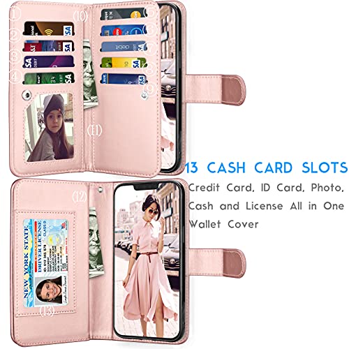 Tekcoo Wallet Case Compatible with iPhone 13 (6.1 inch) 2021 Luxury ID Cash Credit Card Slots Holder Carrying Pouch Folio Flip PU Leather Cover [Detachable Magnetic Hard Case] with Strap [Rose Gold]