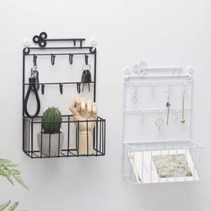 qiuqiu Wall-Mounted Shelf Home Wrought Iron Storage Basket Metal Mail Holder Keychain with Storage Baskets for Mail, Keys, Glasses-Black