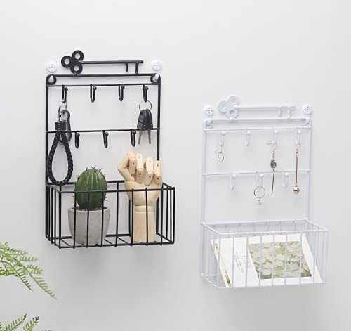 qiuqiu Wall-Mounted Shelf Home Wrought Iron Storage Basket Metal Mail Holder Keychain with Storage Baskets for Mail, Keys, Glasses-Black