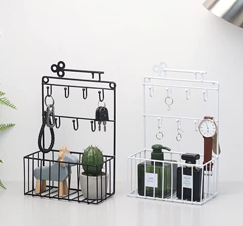 qiuqiu Wall-Mounted Shelf Home Wrought Iron Storage Basket Metal Mail Holder Keychain with Storage Baskets for Mail, Keys, Glasses-Black