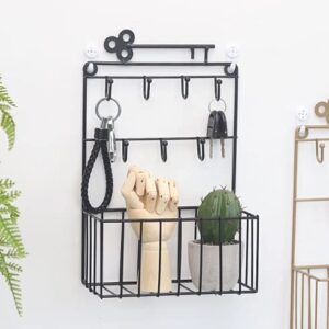 qiuqiu Wall-Mounted Shelf Home Wrought Iron Storage Basket Metal Mail Holder Keychain with Storage Baskets for Mail, Keys, Glasses-Black