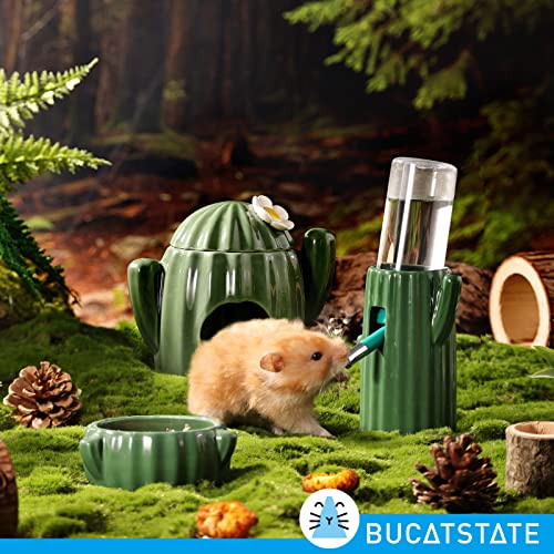 BUCATSTATE Cactus Ceramic Leakproof Hamster Water Bottle Guinea Pig Water Bottles Rabbit Water Bottle with Holder Water Feeder for Small Animals