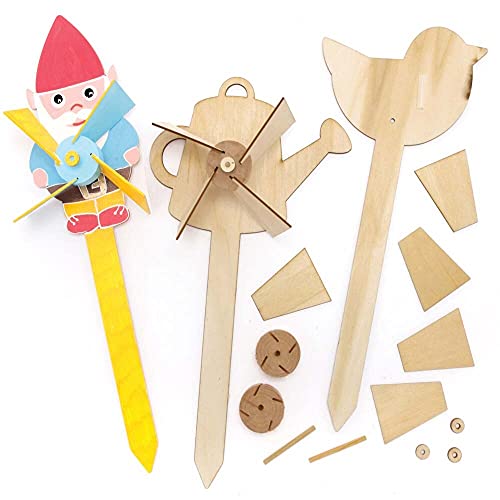 Baker Ross FE516 in The Garden Wooden Windmill Kits - Pack of 4, for Kids Arts and Crafts Projects, Wooden Crafts for Children to Decorate, Personalize and Display