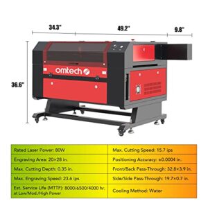 OMTech 80W CO2 Laser Engraver, 80W Laser Cutter and Engraver Machine, 20x28 Laser Cutting and Engraving Machine with Red Dot Pointer Autolift Autofocus Air Assist and LightBurn for Wood Acrylic More