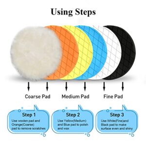 Autolock 5" Buffing Polishing Pads, 6Pcs 5.6inch 140mm Face for 5 Inch Backing Plate Compound Buffing Sponge and Woolen Pads Cutting Polishing Pad Kit for Car Buffer Polisher, Polishing and Waxing