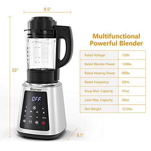 COSTWAY Professional Countertop Blender, 8-in-1 Household Hot & Cold Shake Mixer with 59 oz Jar, 1200 Watt Base, 10-Gear Speed & Built-in Timer, Easy Self-Cleaning, for Smoothies, Soup, Grind, Juice