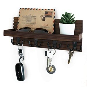 naumoo natural wooden key holder - wall mounted mail organizer and key hanger - rustic farmhouse entryway shelf with 4 double hooks - decorative rack for car keys, wallet (dark brown)