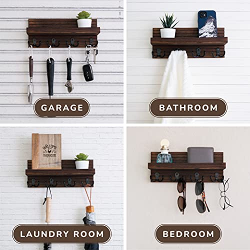 NAUMOO Natural Wooden Key Holder - Wall Mounted Mail Organizer and Key Hanger - Rustic Farmhouse Entryway Shelf with 4 Double Hooks - Decorative Rack for Car Keys, Wallet (Dark Brown)