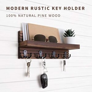 NAUMOO Natural Wooden Key Holder - Wall Mounted Mail Organizer and Key Hanger - Rustic Farmhouse Entryway Shelf with 4 Double Hooks - Decorative Rack for Car Keys, Wallet (Dark Brown)