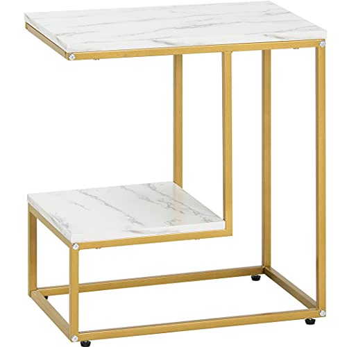 Becko US Gold Side Table with Faux Marble Top, 2 Tier End Table with Storage Shelf, Modern Coffee Table with Adjustable Foot Pads, Square Nightstand for Living Room, Home Office & Small Space