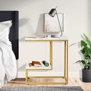 Becko US Gold Side Table with Faux Marble Top, 2 Tier End Table with Storage Shelf, Modern Coffee Table with Adjustable Foot Pads, Square Nightstand for Living Room, Home Office & Small Space