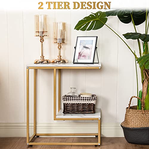 Becko US Gold Side Table with Faux Marble Top, 2 Tier End Table with Storage Shelf, Modern Coffee Table with Adjustable Foot Pads, Square Nightstand for Living Room, Home Office & Small Space