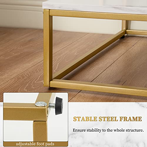 Becko US Gold Side Table with Faux Marble Top, 2 Tier End Table with Storage Shelf, Modern Coffee Table with Adjustable Foot Pads, Square Nightstand for Living Room, Home Office & Small Space