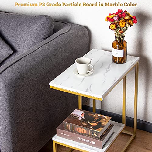 Becko US Gold Side Table with Faux Marble Top, 2 Tier End Table with Storage Shelf, Modern Coffee Table with Adjustable Foot Pads, Square Nightstand for Living Room, Home Office & Small Space