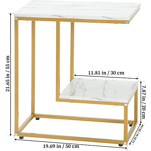 Becko US Gold Side Table with Faux Marble Top, 2 Tier End Table with Storage Shelf, Modern Coffee Table with Adjustable Foot Pads, Square Nightstand for Living Room, Home Office & Small Space