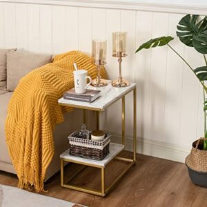 Becko US Gold Side Table with Faux Marble Top, 2 Tier End Table with Storage Shelf, Modern Coffee Table with Adjustable Foot Pads, Square Nightstand for Living Room, Home Office & Small Space