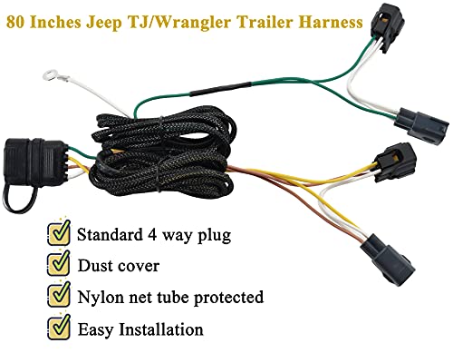 Oyviny Custom 4 Pin Trailer Wiring Harness 55363 for 1998-2006 Jeep TJ/Jeep Wrangler, Plug&Play TJ Trailer Wiring 80 Inches